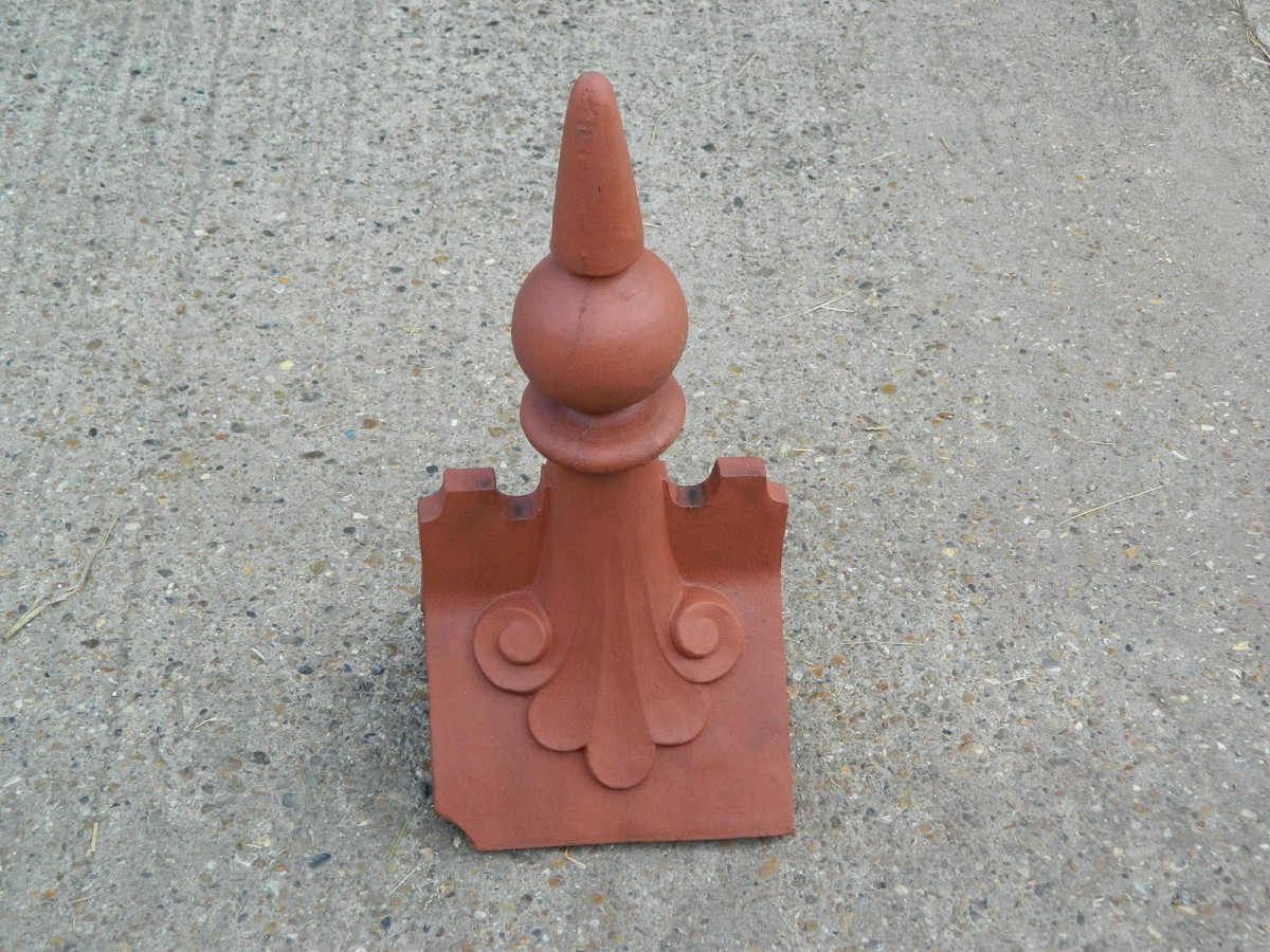 New & Repro Spike ball on decorative scroll angled ridge tile- SalvoWEB UK