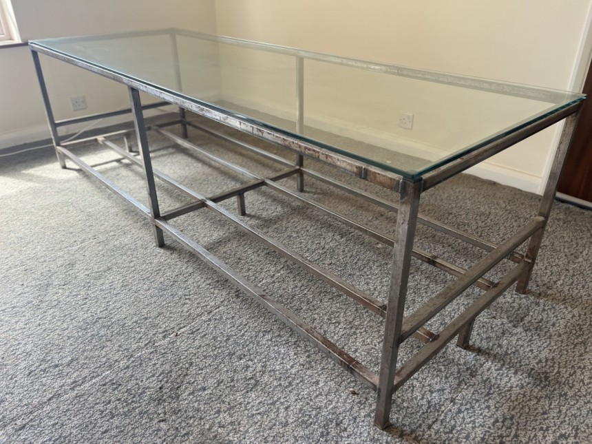 Recraft + Upcycled Large Industrial steel framed table with solid glass ...