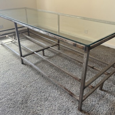 Recraft + Upcycled Large Industrial steel framed table with solid glass ...