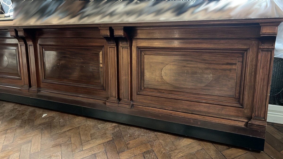Antique & Reclaimed 1920s American walnut bank counter front- SalvoWEB UK