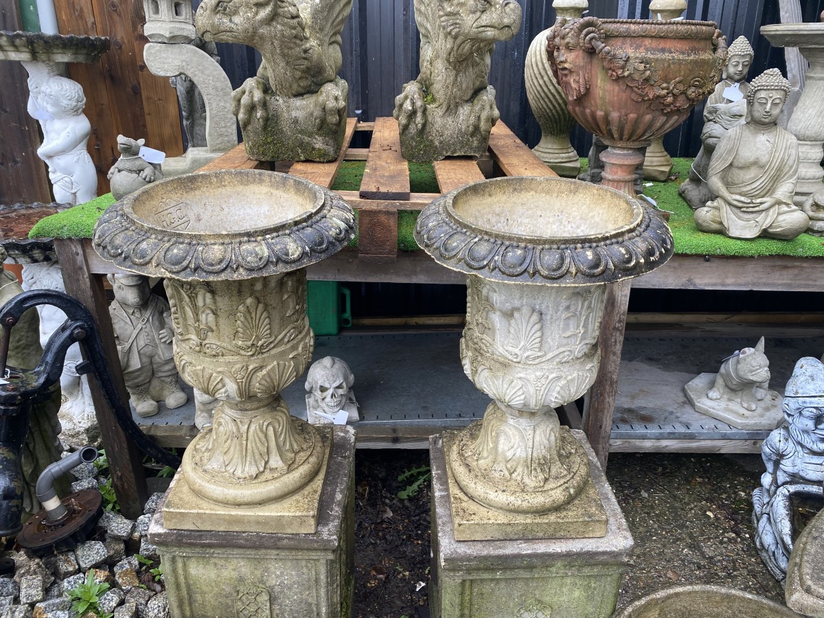 Antique & Reclaimed 2 Urns on plinths- SalvoWEB UK