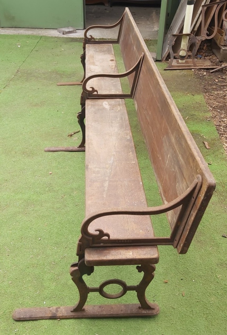 Antique & Reclaimed Old pitch-pine benches with table/back-rest on cast ...